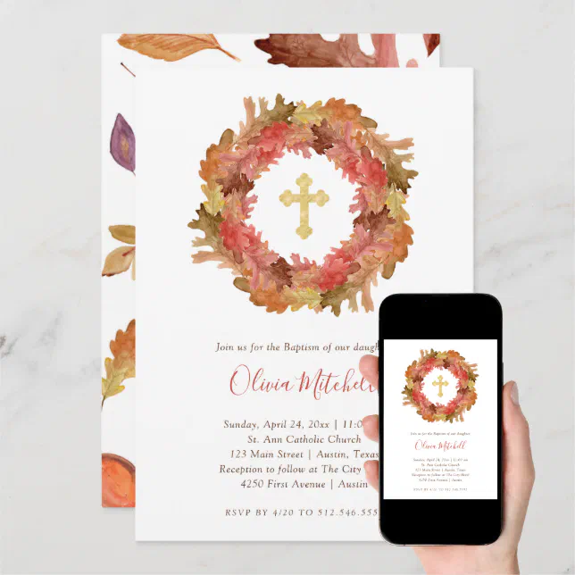 Autumn Baptism | Fall Leaves and Gold Cross Invitation | Zazzle