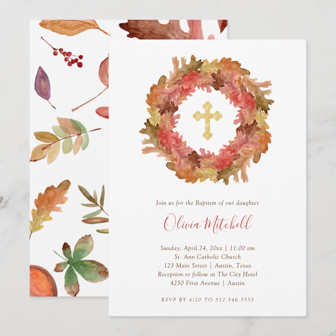 Autumn Baptism | Fall Leaves and Gold Cross Invitation | Zazzle