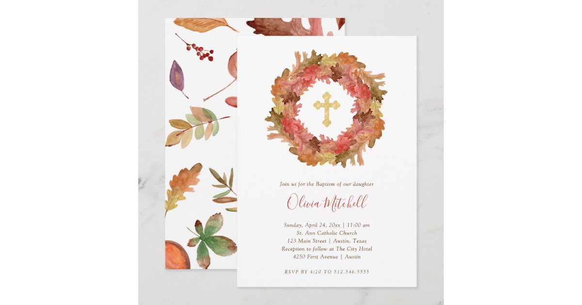 Autumn Baptism | Fall Leaves and Gold Cross Invitation | Zazzle
