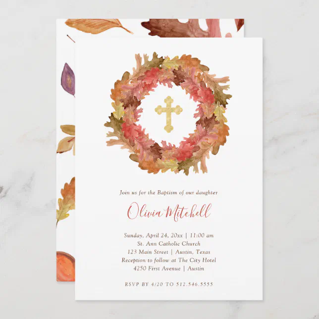 Autumn Baptism | Fall Leaves and Gold Cross Invitation | Zazzle