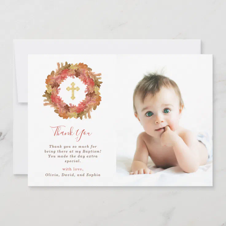 Autumn Baptism | Fall Leaves and Gold Cross Photo Thank You Card | Zazzle