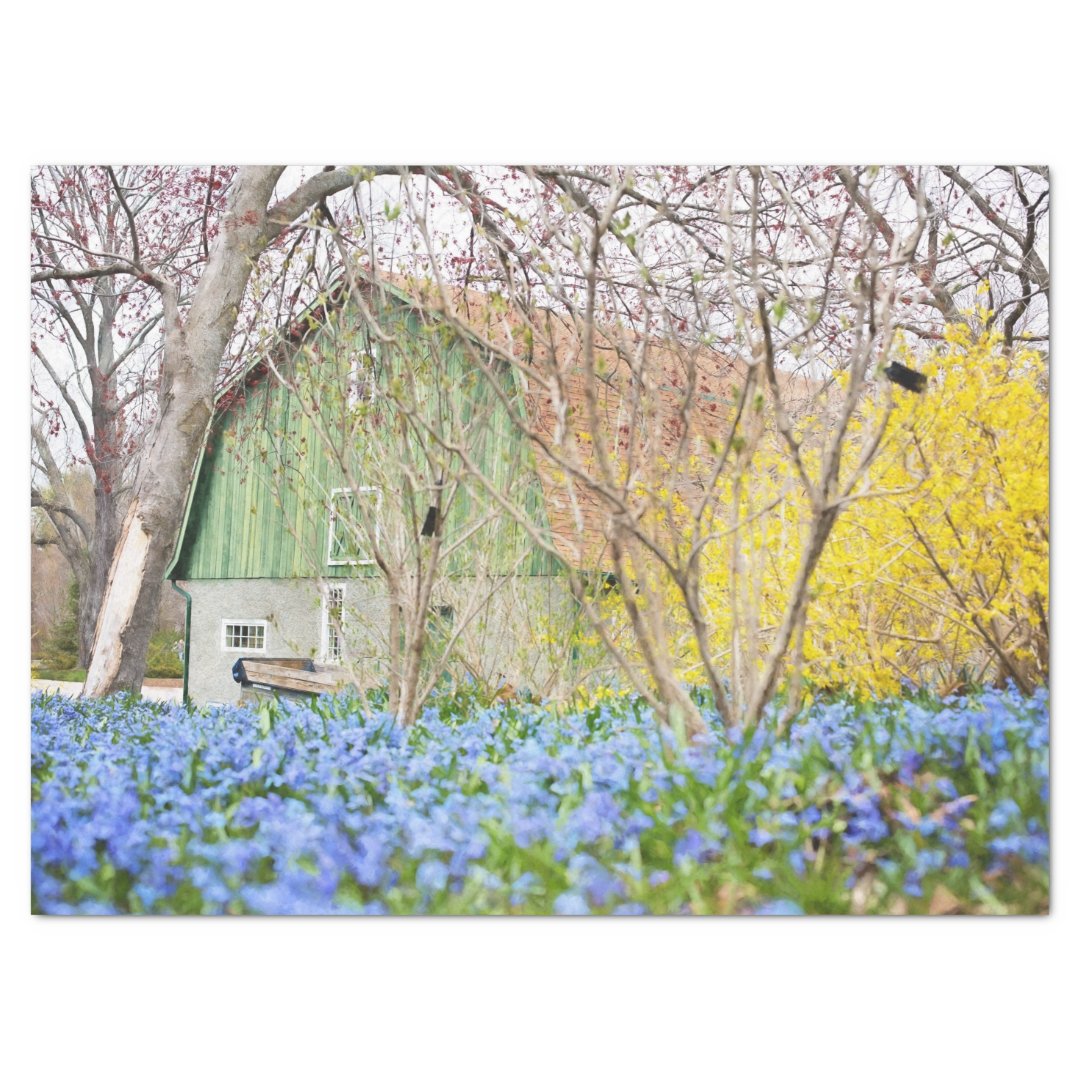 Autumn Barn with Blue Flower Field Tissue Paper | Zazzle