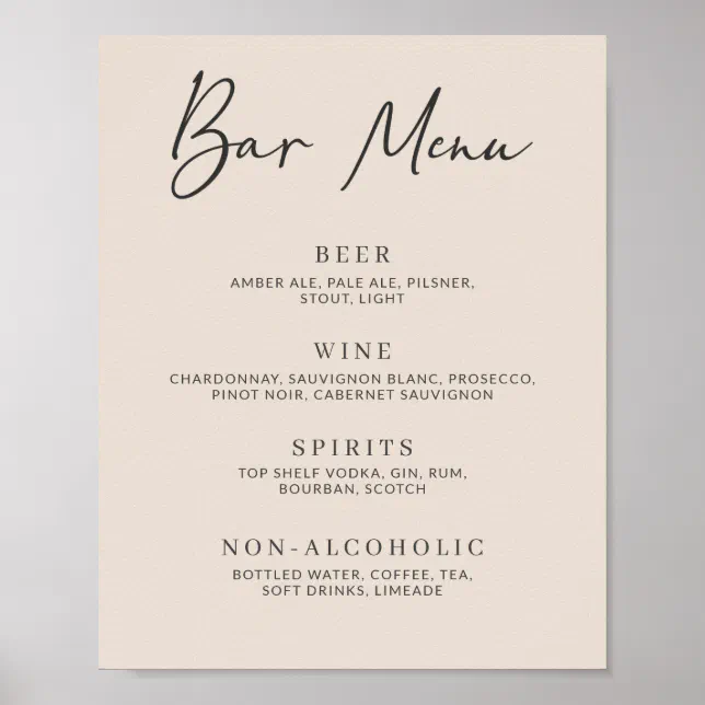 Autumn Beige Simple Minimalist Bar Menu Poster | Zazzle