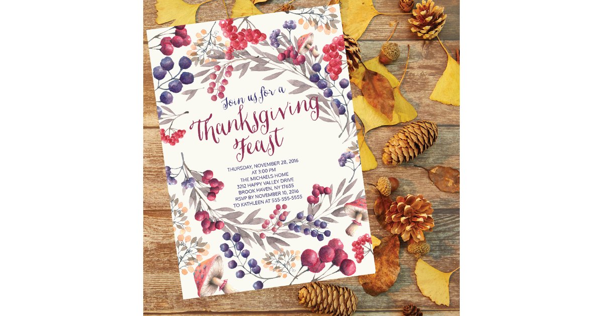 Autumn Berry Floral Thanksgiving Feast Invite | Zazzle