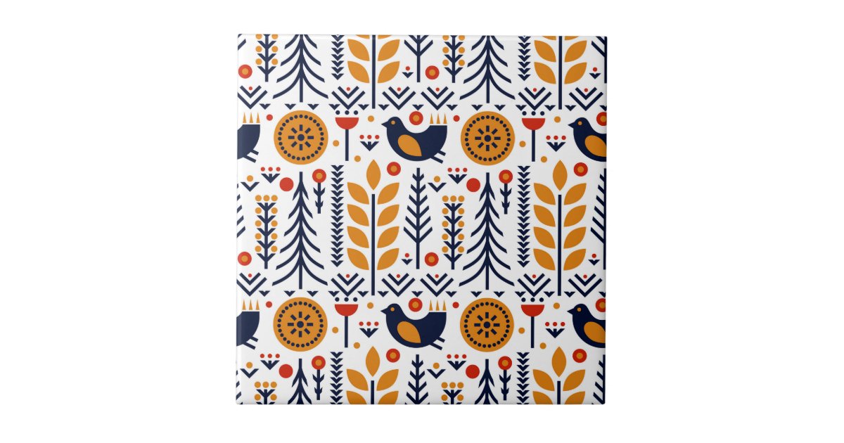 Autumn Bird Folk Art Pattern Ceramic Tile | Zazzle