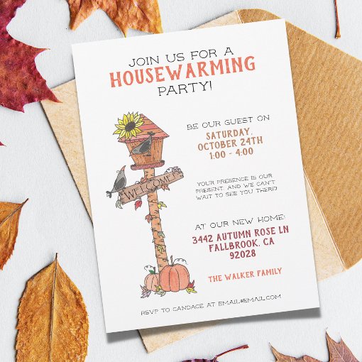 Autumn Birdhouse Crows Welcome Housewarming Invitation | Zazzle