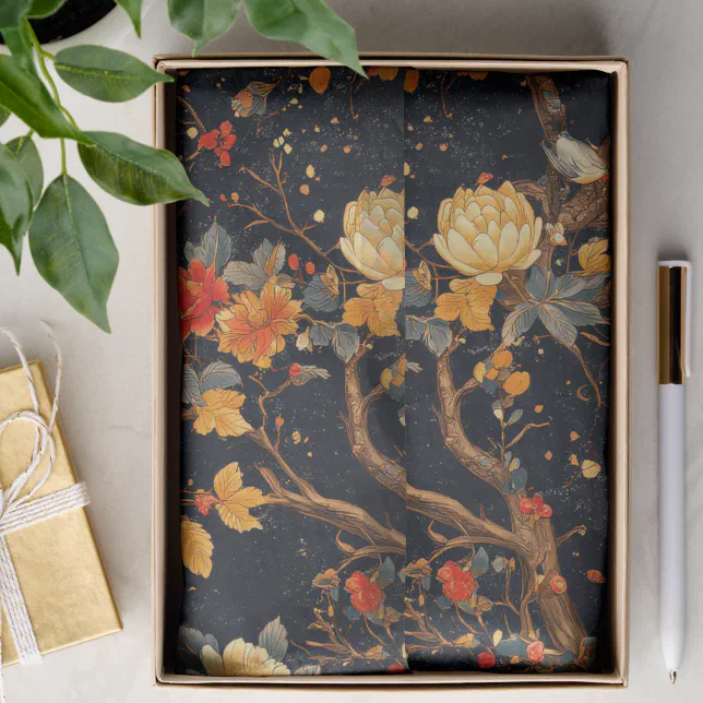 Autumn Black Orange Leaf Chinoiserie Tissue Paper | Zazzle