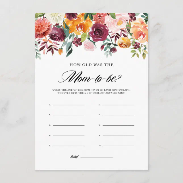 Autumn Blooms Baby Shower Mom's Age Guessing Card | Zazzle
