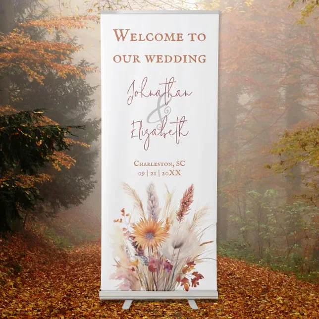 Autumn Boho Floral | White Wedding Welcome Retractable Banner | Zazzle