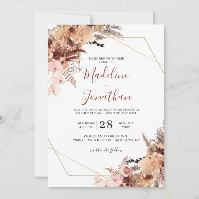 Autumn Boho Terracotta Floral Geometry Wedding Invitation | Zazzle