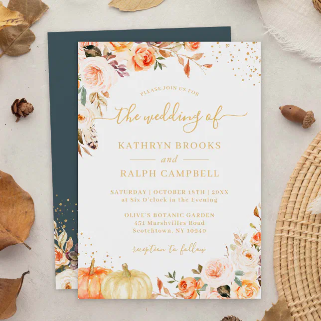 Autumn Botanical Floral Gold Glitters Fall Wedding Invitation | Zazzle