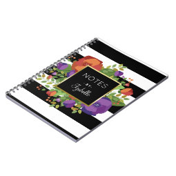 Autumn Bouquet & Chic Stripes Custom Name Notebook | Zazzle