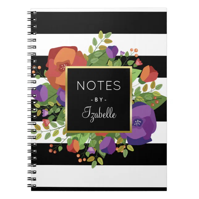 Autumn Bouquet & Chic Stripes Custom Name Notebook | Zazzle