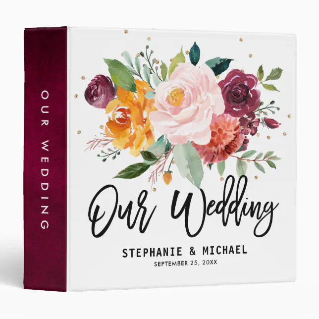 Autumn Burgundy Blush Floral Blossom Wedding Album 3 Ring Binder | Zazzle