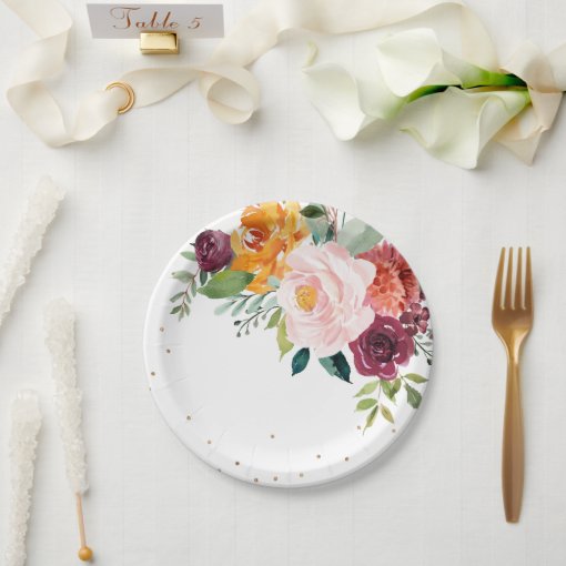 Autumn Burgundy Blush Floral Blossom Wedding Paper Plates | Zazzle