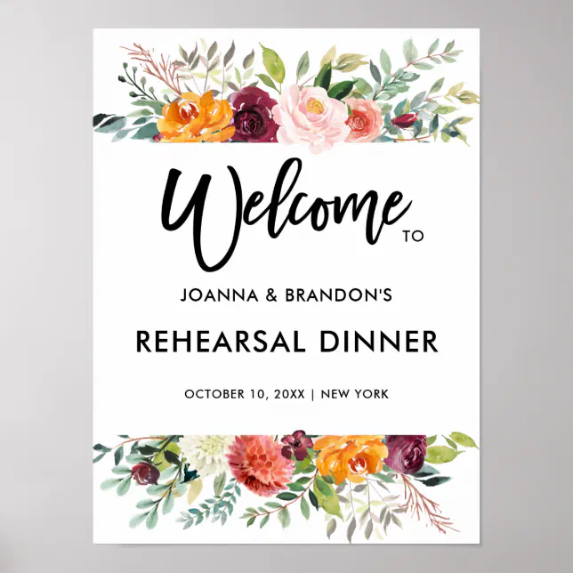 Autumn Burgundy Blush Floral Rehearsal Dinner Poster | Zazzle