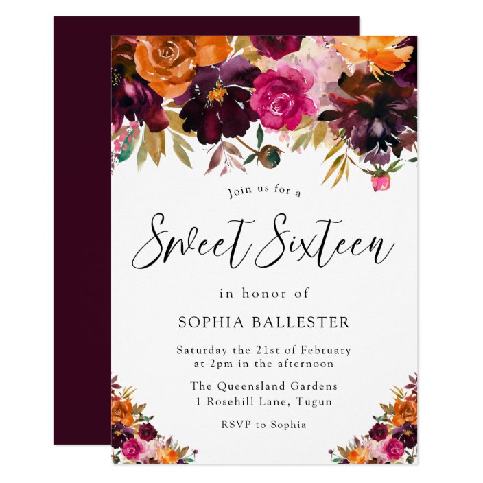 Autumn Burgundy Flowers Fall Sweet 16 Party Invitation | Zazzle.com
