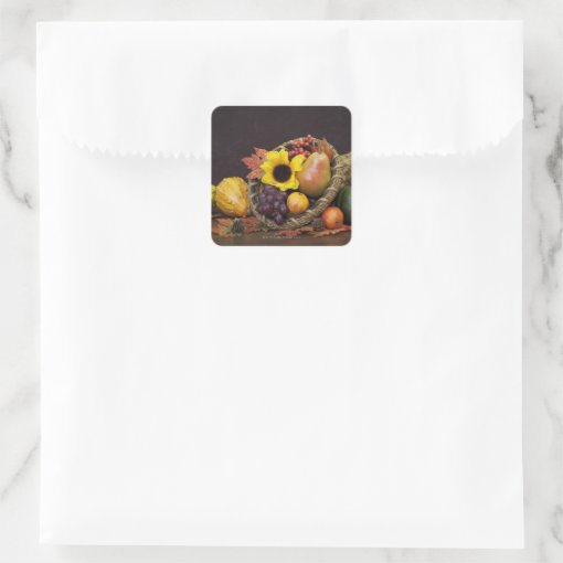 Autumn cornucopia with grapes, pear and gourds square sticker | Zazzle