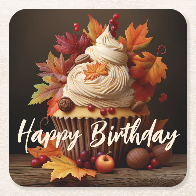 Autumn Cupcake with Colorful Fall Leaves Birthday Square Paper Coaster ...