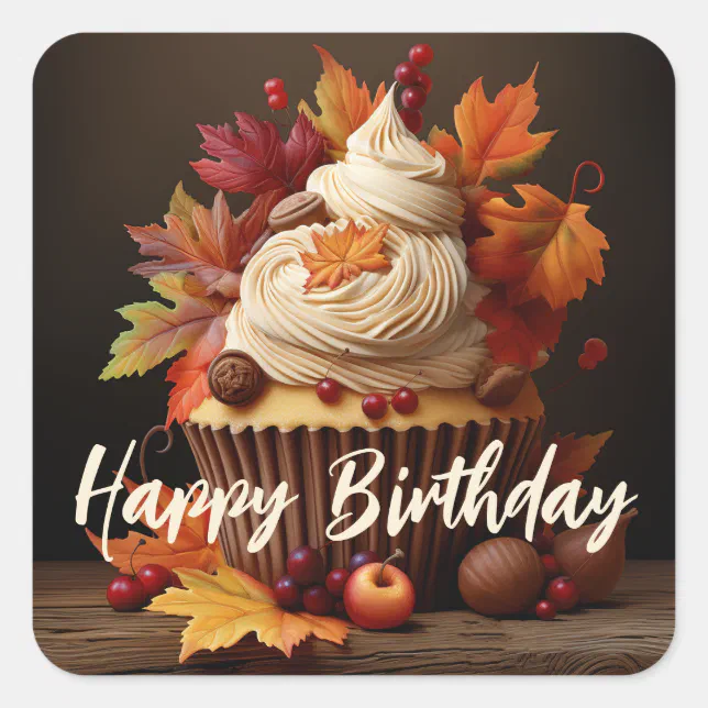 Autumn Cupcake with Colorful Fall Leaves Birthday Square Sticker | Zazzle