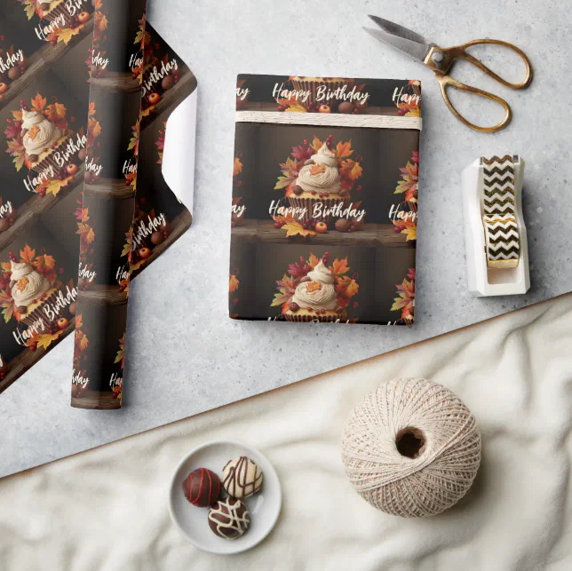 Autumn Cupcake with Colorful Fall Leaves Birthday Wrapping Paper | Zazzle