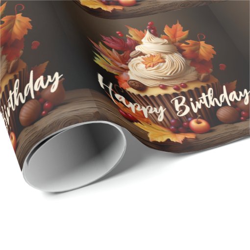 Autumn Cupcake with Colorful Fall Leaves Birthday Wrapping Paper | Zazzle