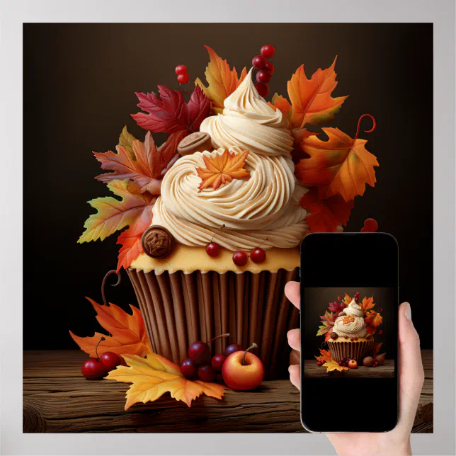Autumn Cupcake with Colorful Fall Leaves Poster | Zazzle