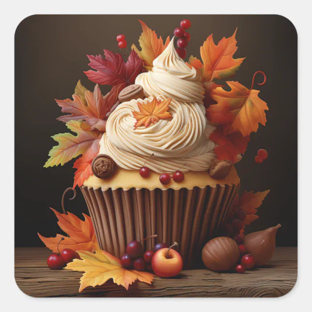 Autumn Cupcake with Colorful Fall Leaves Square Sticker | Zazzle