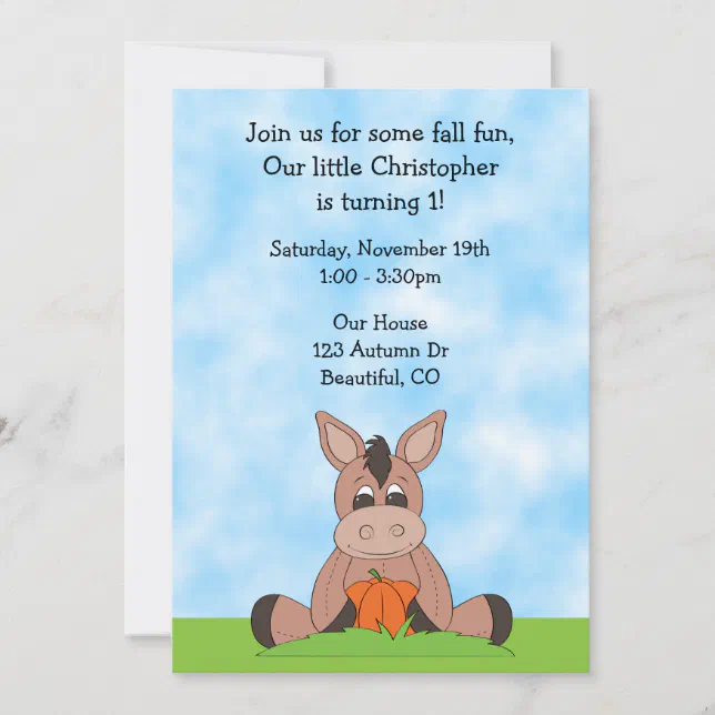 Autumn Donkey 1st Birthday Invitation | Zazzle