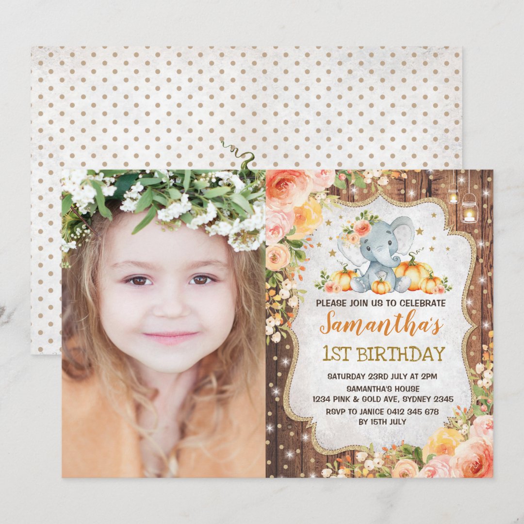 Autumn Elephant Fall Floral Rustic First Birthday Invitation | Zazzle