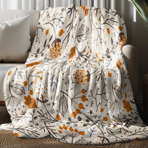 Autumn Fall Berries Leaves and Branches Pattern Fleece Blanket | Zazzle