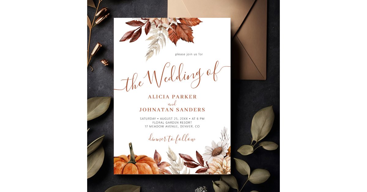 Autumn fall boho botanical foliage wedding invitation | Zazzle