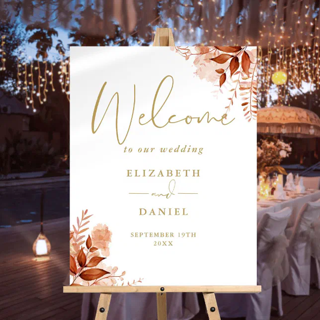 Autumn Fall Floral Gold Wedding Welcome Sign | Zazzle