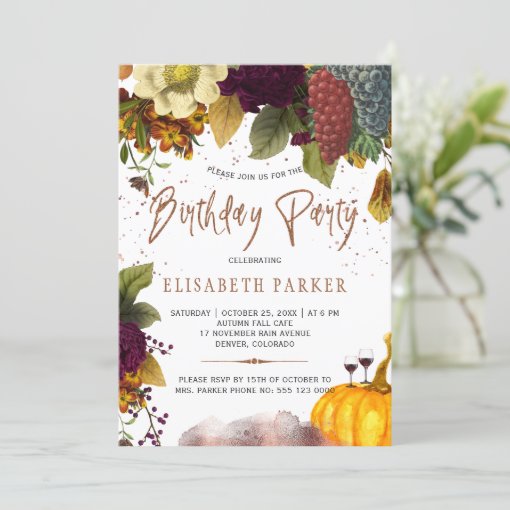 Autumn fall floral typography adult birthday party invitation | Zazzle