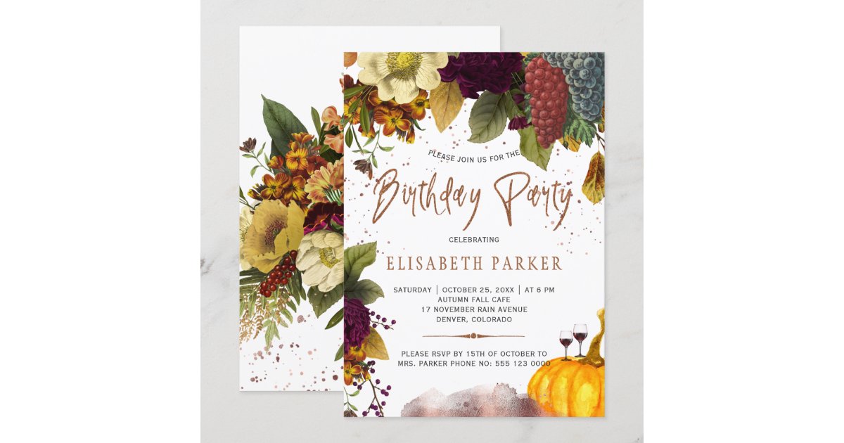 Autumn fall floral typography adult birthday party invitation | Zazzle