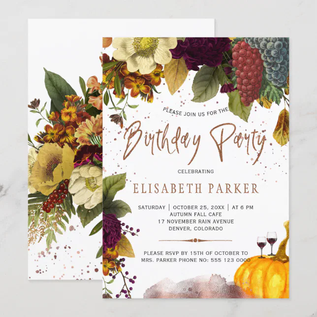 Autumn fall floral typography adult birthday party invitation | Zazzle
