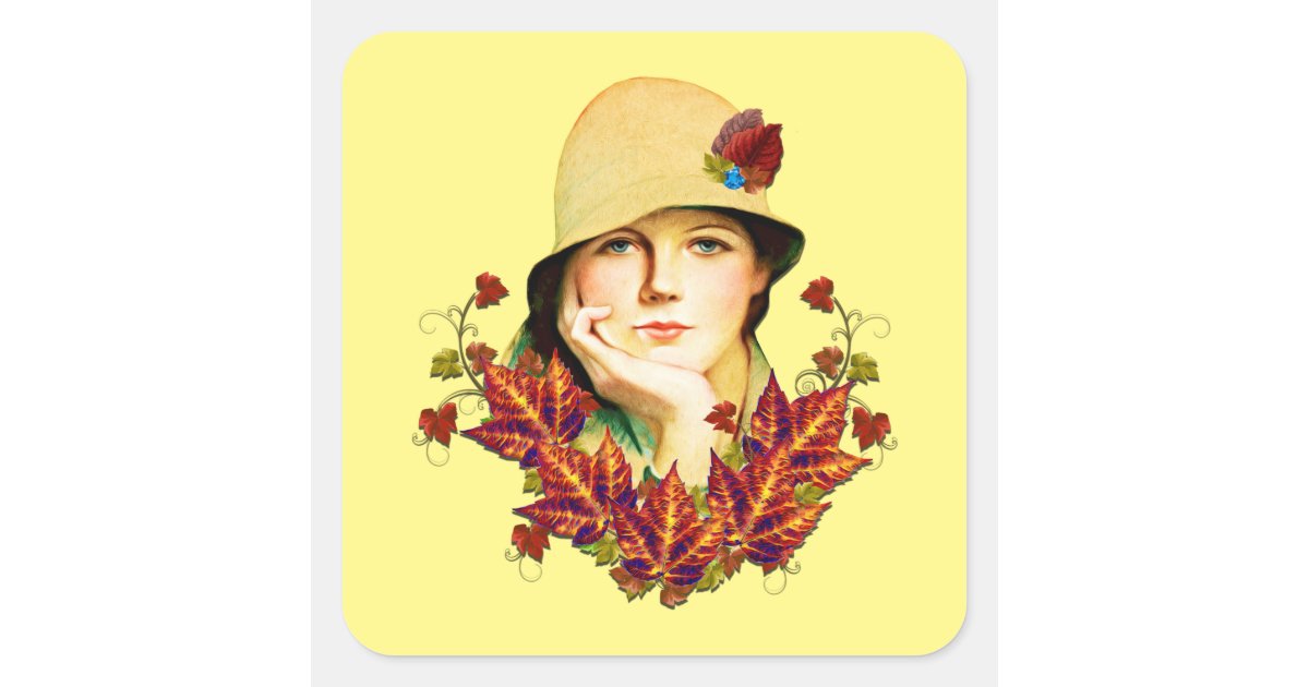 Autumn Fall Leaf Lady Pinup Girl Art Square Sticker | Zazzle