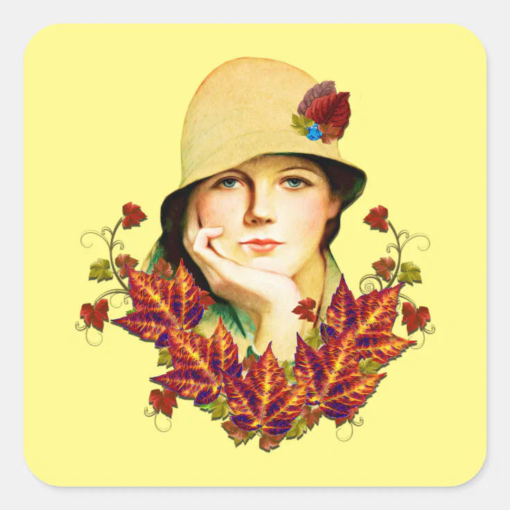 Autumn Fall Leaf Lady Pinup Girl Art Square Sticker | Zazzle