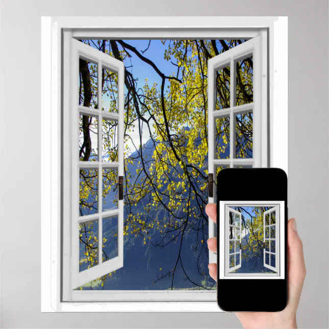 Autumn Fall Leaves Mountain View Faux Window Poster | Zazzle