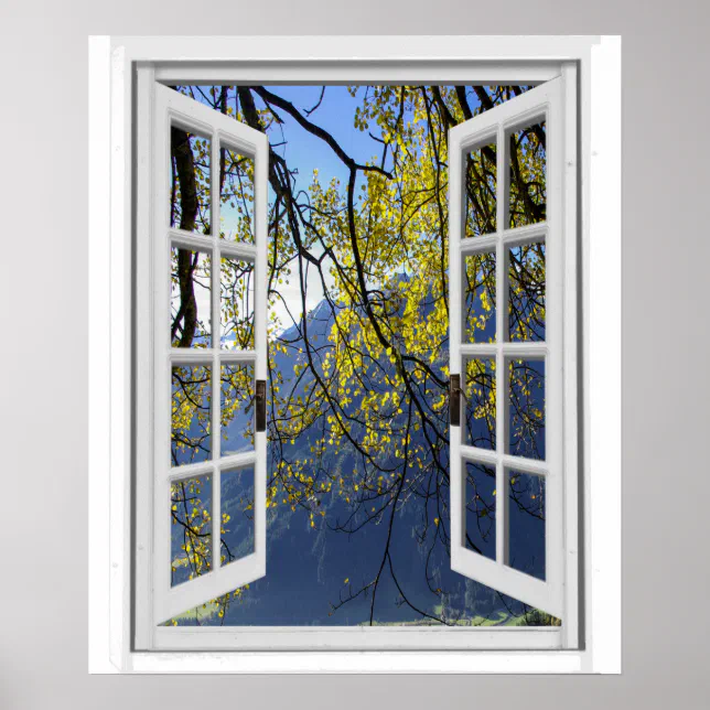 Autumn Fall Leaves Mountain View Faux Window Poster | Zazzle