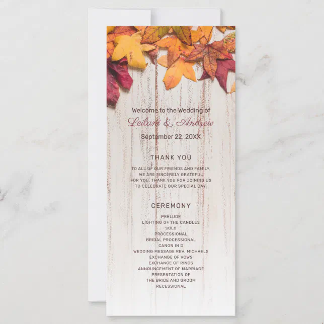 Autumn Fall Leaves Rustic Wood Wedding Program | Zazzle
