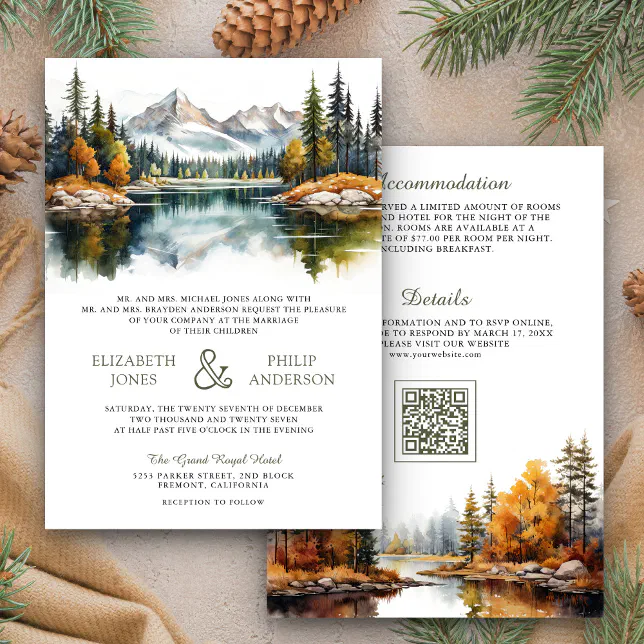 Autumn Fall Mountain Forest Lake QR Code Wedding Invitation | Zazzle