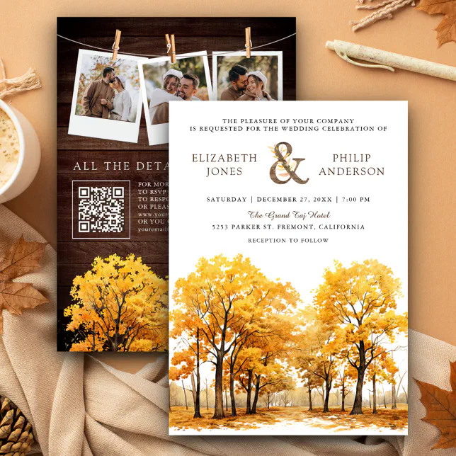 Autumn Fall Oak Trees Forest QR Code Wedding Invitation | Zazzle
