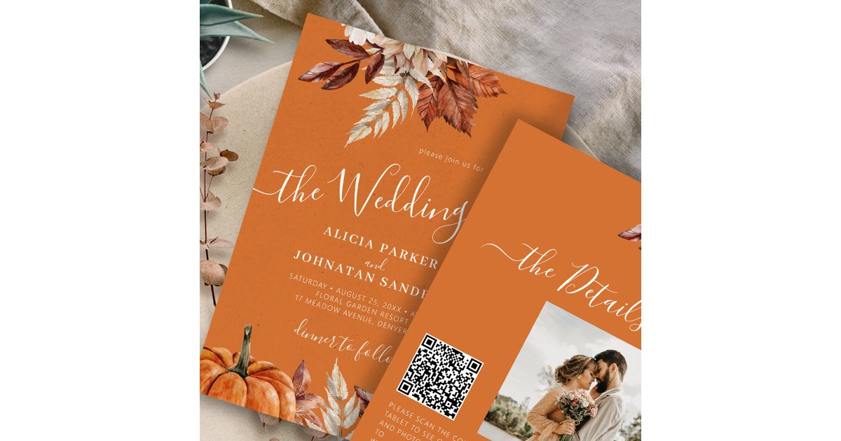 Autumn fall QR code botanical rust orange wedding Invitation | Zazzle