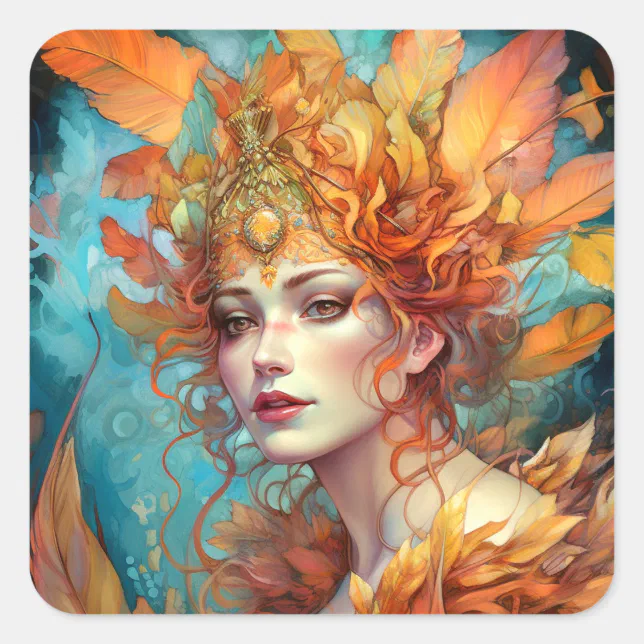 Autumn Fall Queen Goddess Fantasy Art Square Sticker | Zazzle