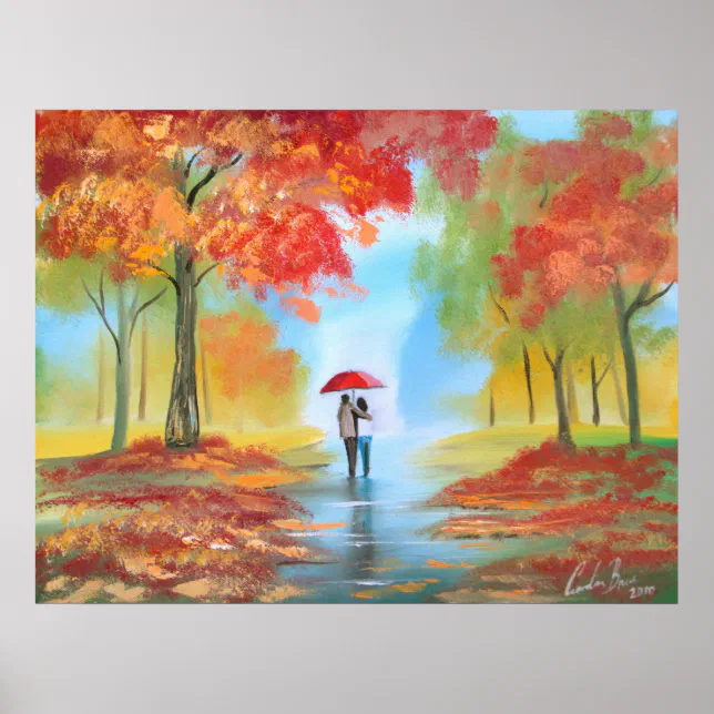 Autumn fall rainy day romantic walk couple poster | Zazzle