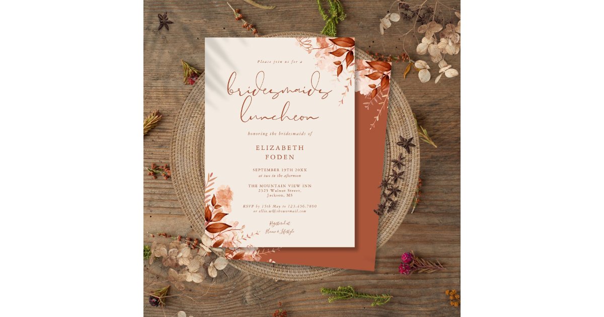 Autumn Fall Rustic Floral Bridesmaids Luncheon Invitation | Zazzle