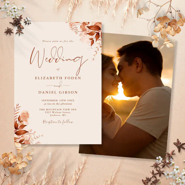 Autumn Fall Rustic Floral Photo Terracotta Wedding Invitation | Zazzle