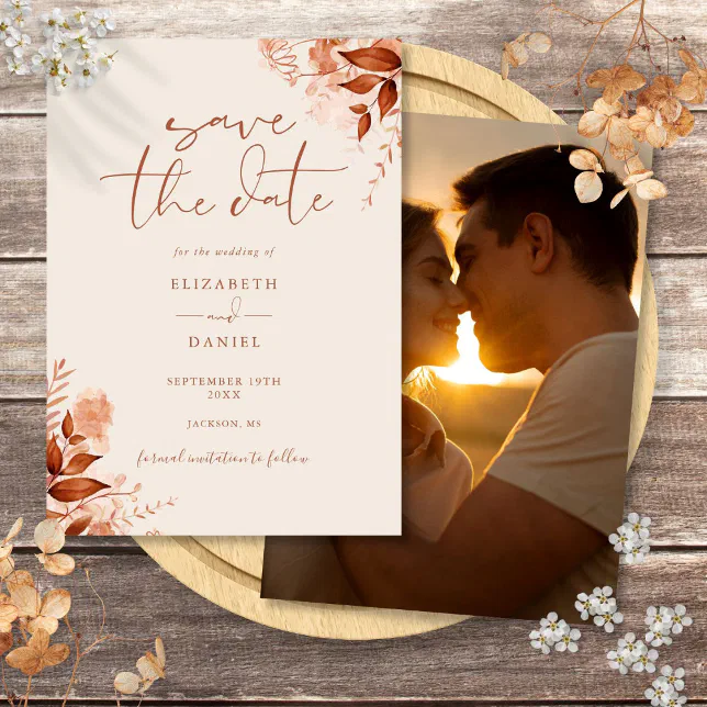 Autumn Fall Rustic Floral Photo Wedding Save The Date | Zazzle