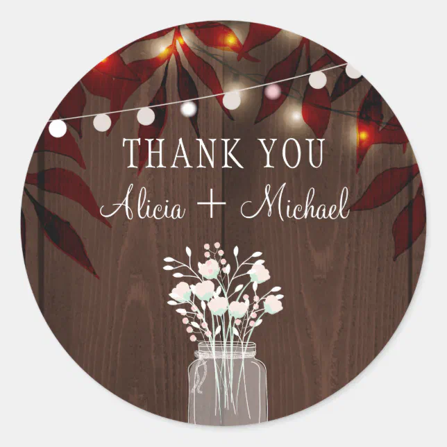 Autumn fall rustic wedding thank you personalized classic round sticker ...